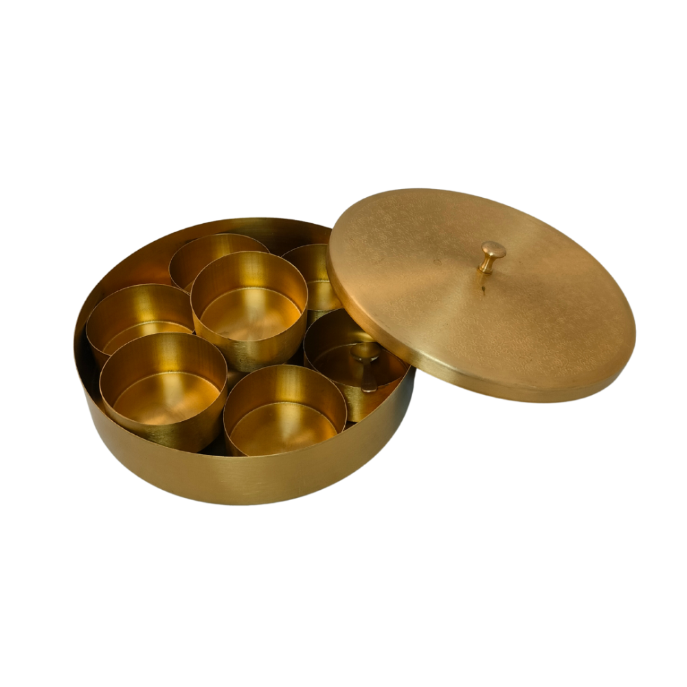 Brass Masala Dabba/ Spice Box/ Pooja Box, Diameter 8 inches (₹4000)
